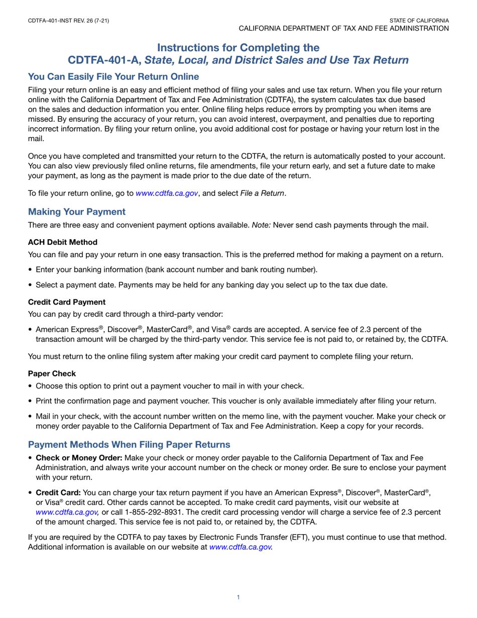 Download Instructions for Form CDTFA-401-A State, Local, and District ...
