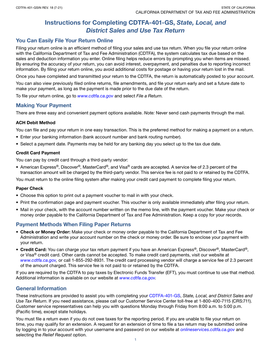 Download Instructions for Form CDTFA-401-GS State, Local, and District ...