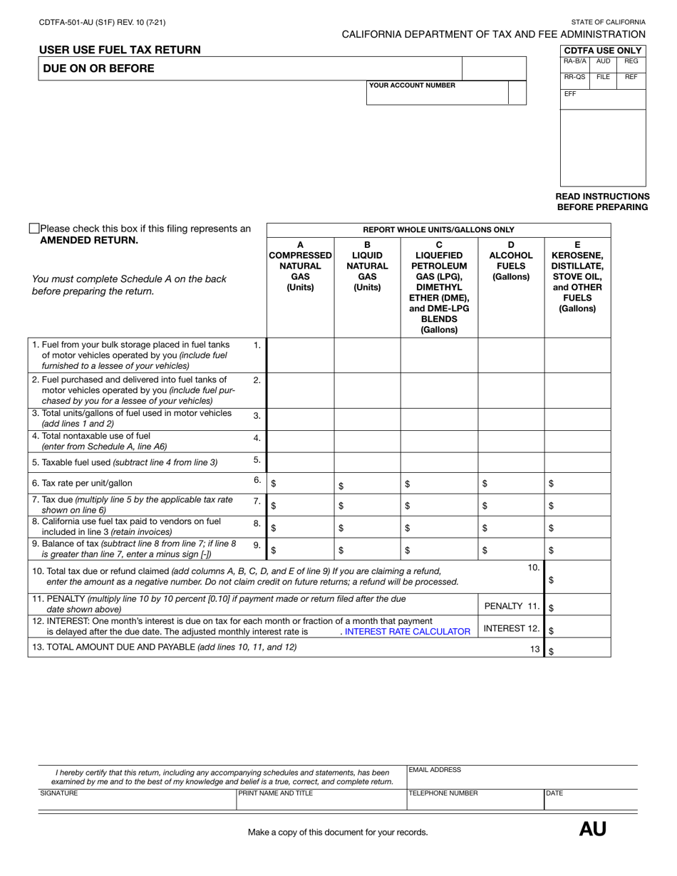 Form CDTFA-501-AU Download Fillable PDF or Fill Online User Use Fuel ...