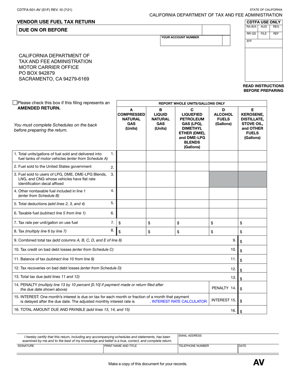 Form CDTFA-501-AV Download Fillable PDF or Fill Online Vendor Use Fuel ...