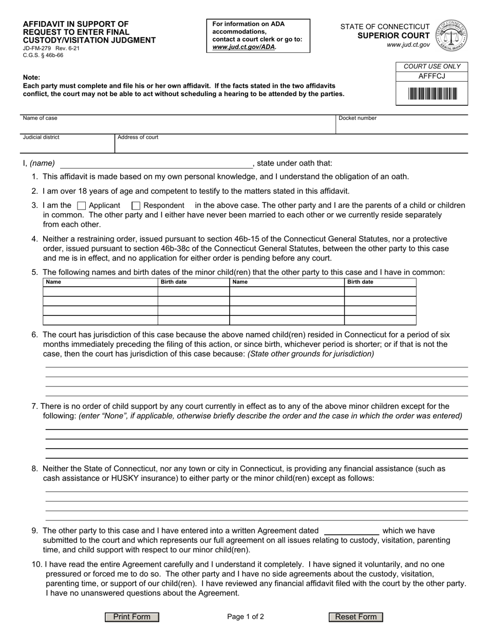 Form JD-FM-279 Download Fillable PDF or Fill Online Affidavit in ...