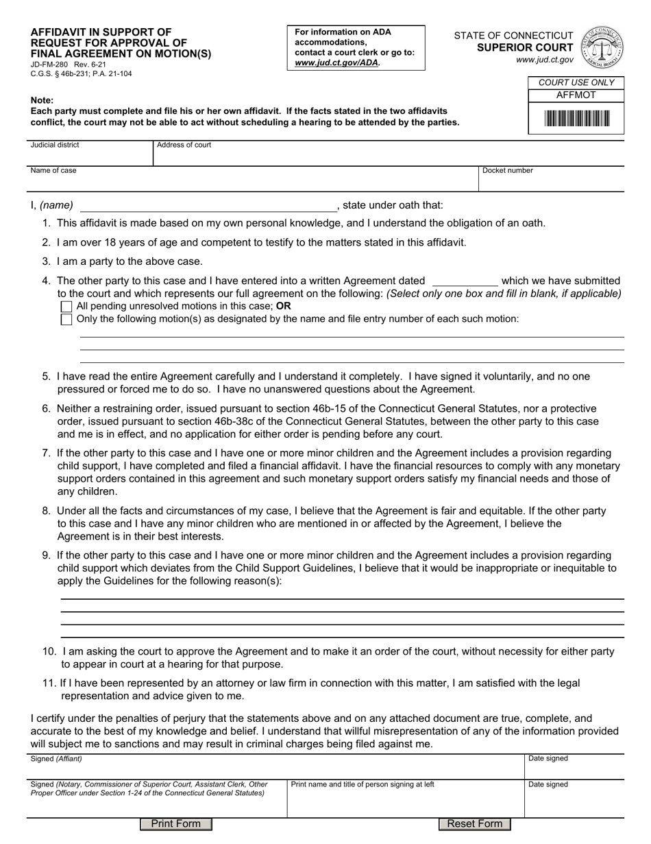 Form JD-FM-280 Download Fillable PDF or Fill Online Affidavit in Support of Request for Approval ...