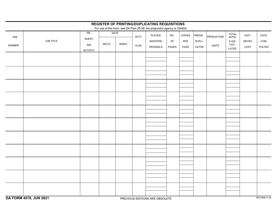 DA Form 4570 Download Fillable PDF or Fill Online Register of Printing ...