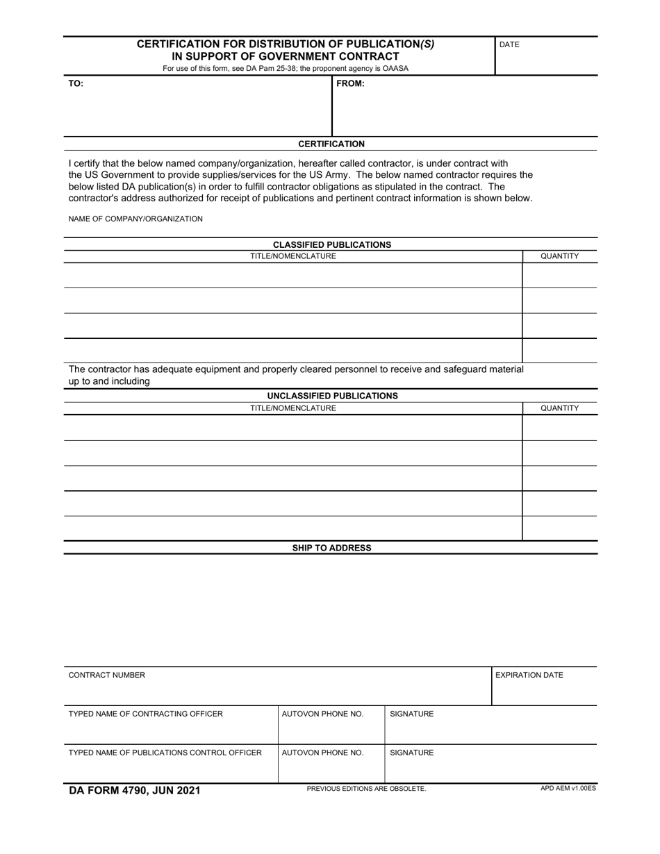 DA Form 4790 Download Fillable PDF or Fill Online Certification for ...