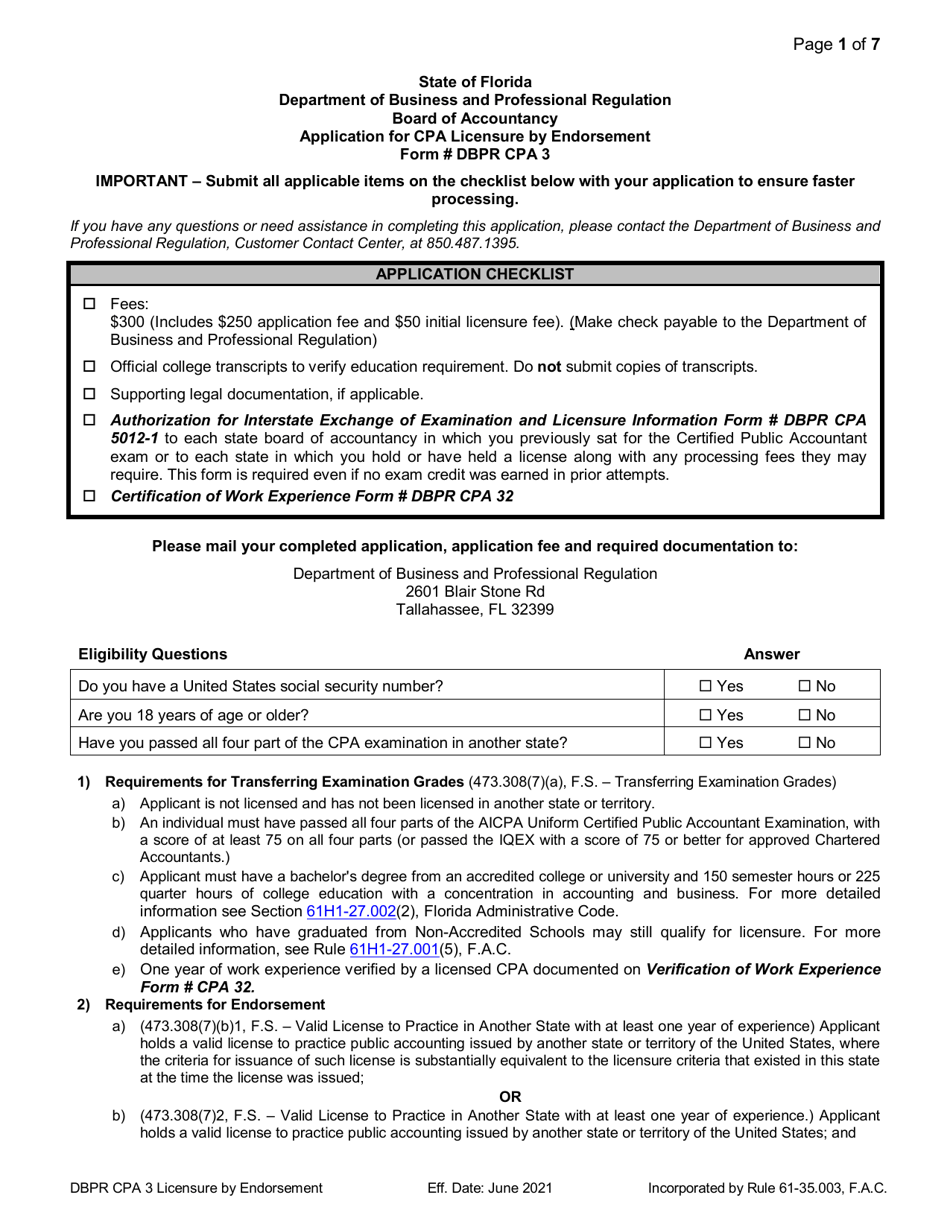 Form DBPR CPA3 - Fill Out, Sign Online and Download Fillable PDF ...