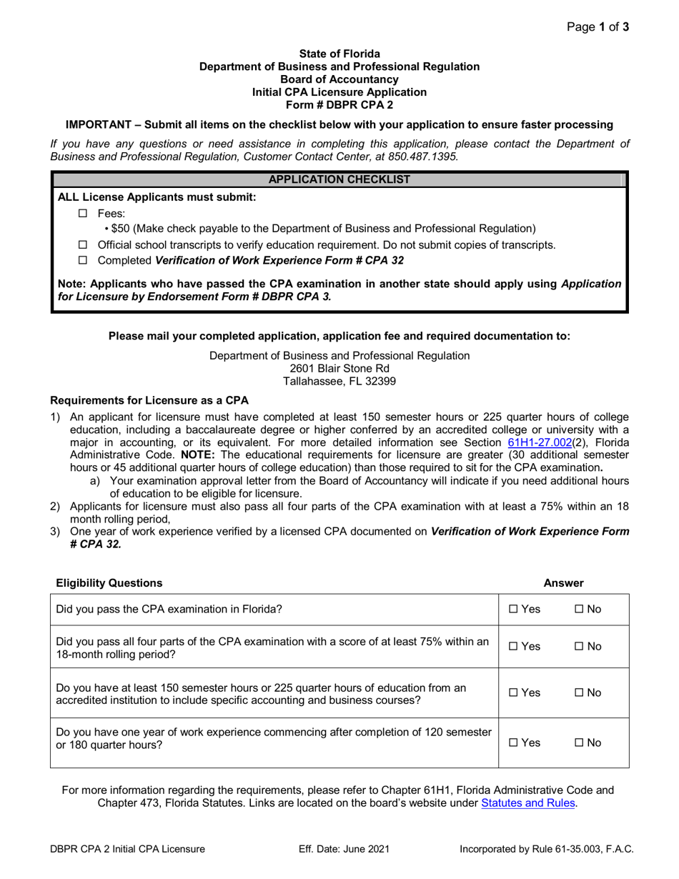 Form DBPR CPA2 - Fill Out, Sign Online and Download Fillable PDF ...
