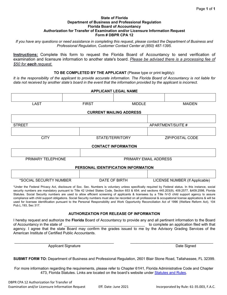 Form DBPR CPA12 - Fill Out, Sign Online and Download Fillable PDF ...