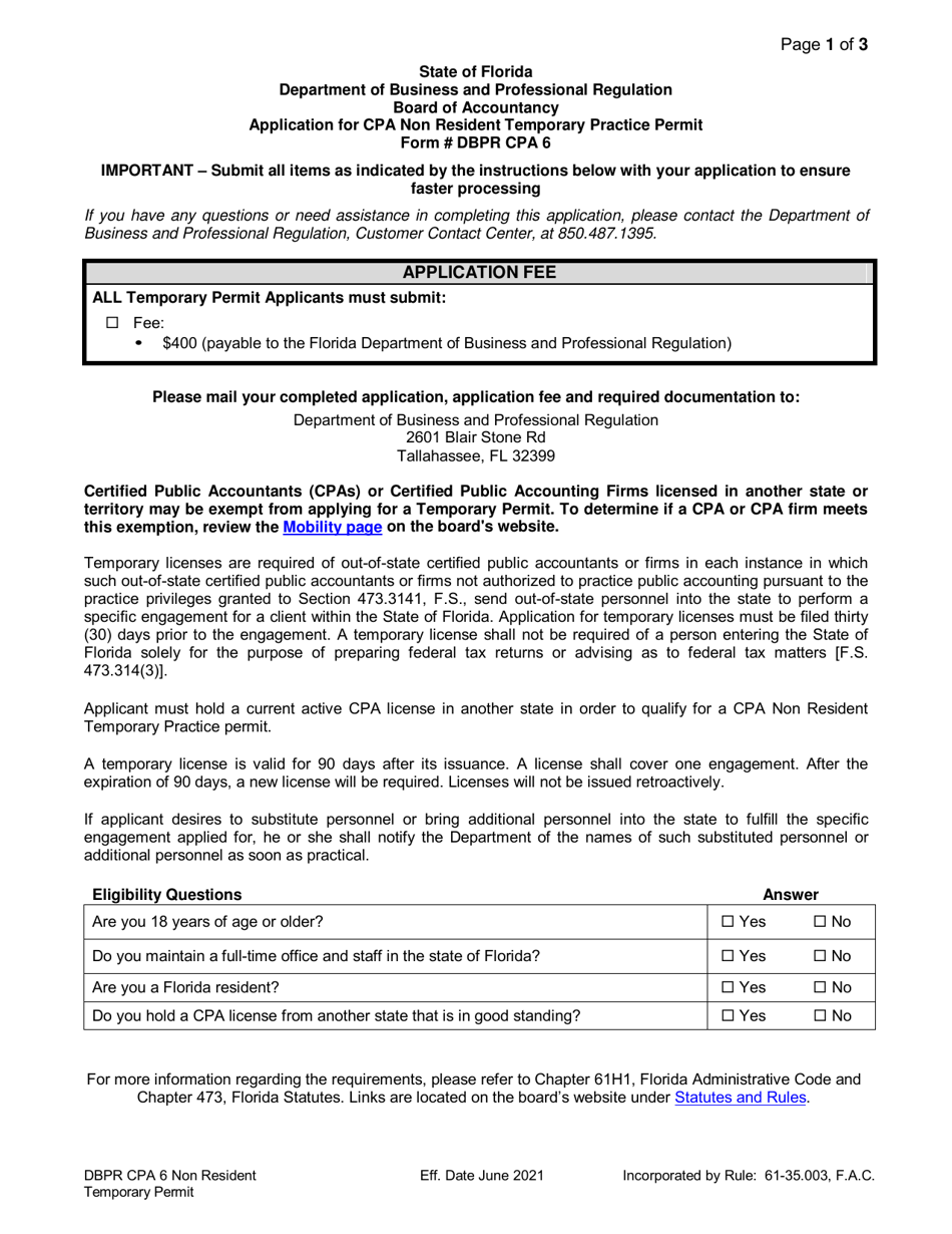 Form DBPR CPA6 Download Fillable PDF or Fill Online Application for CPA ...