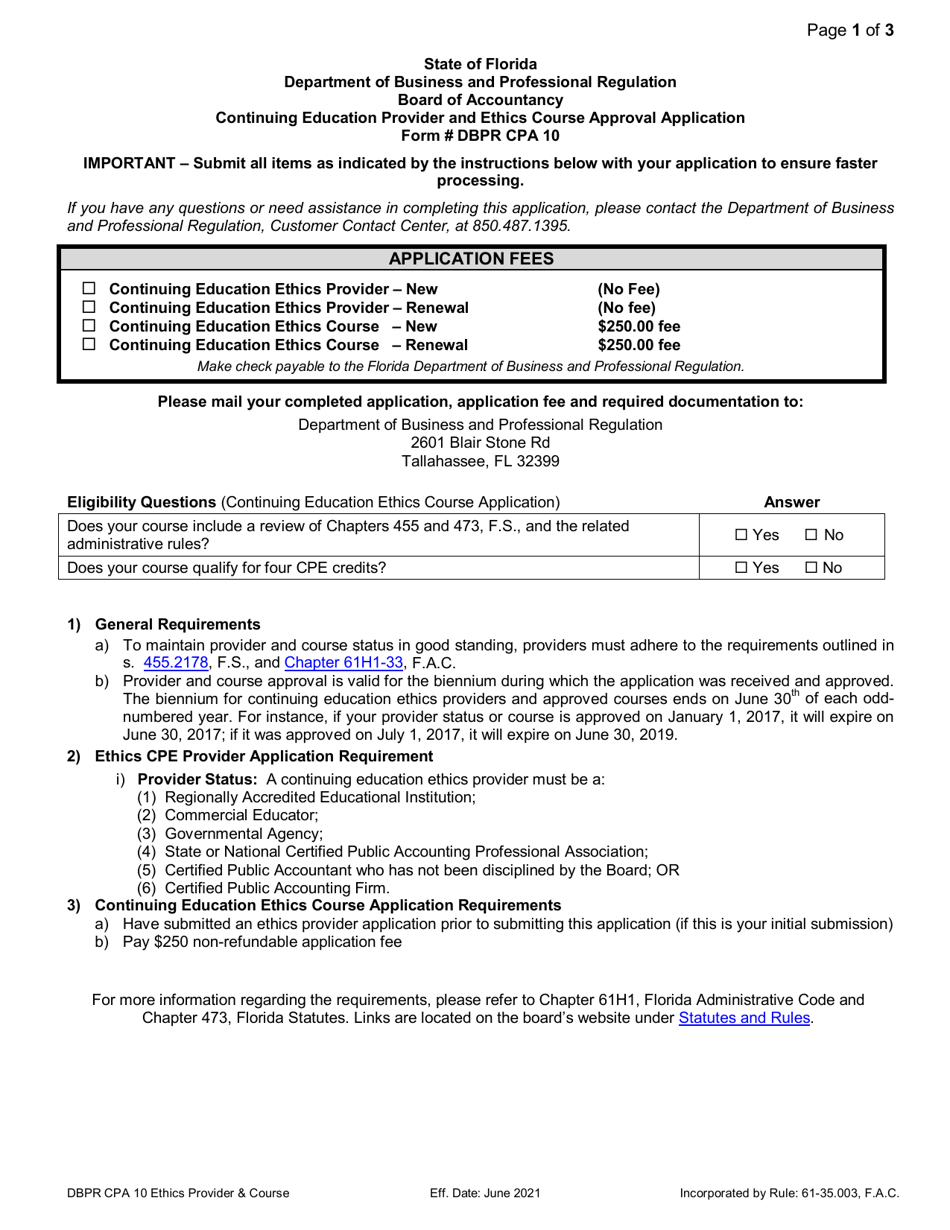 Form DBPR CPA10 Download Fillable PDF or Fill Online Continuing ...