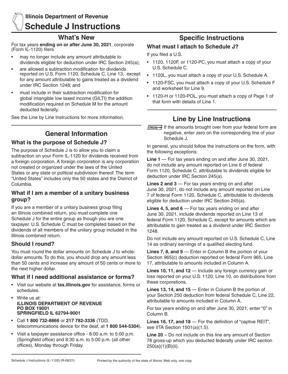 Download Instructions for Form IL-1120 Schedule J Foreign Dividends PDF ...