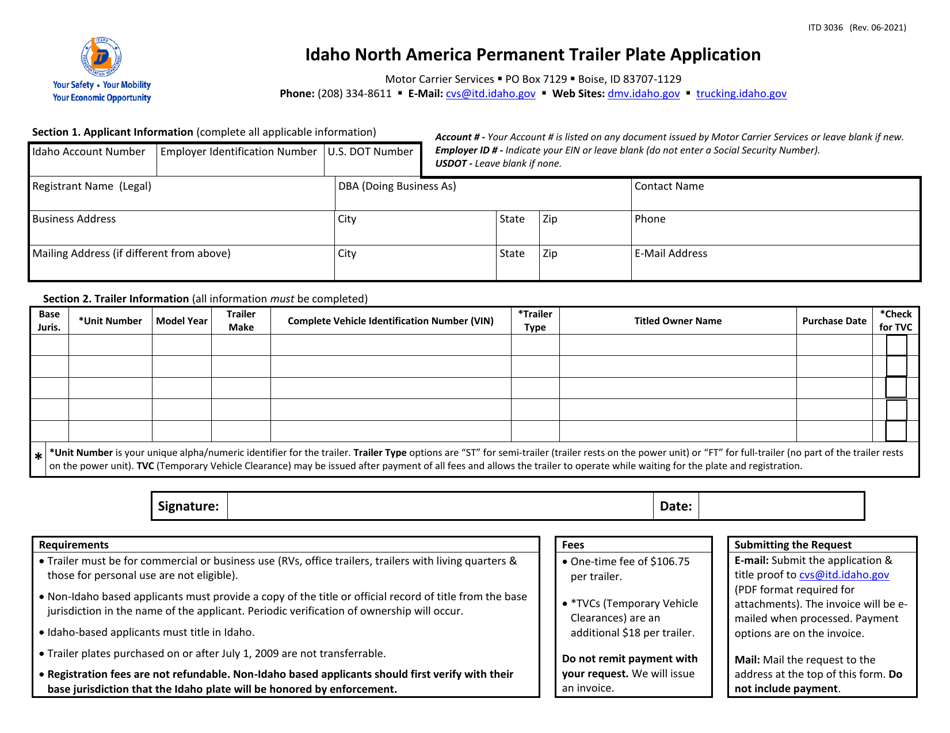 Form ITD3036 Download Fillable PDF or Fill Online Idaho North America ...