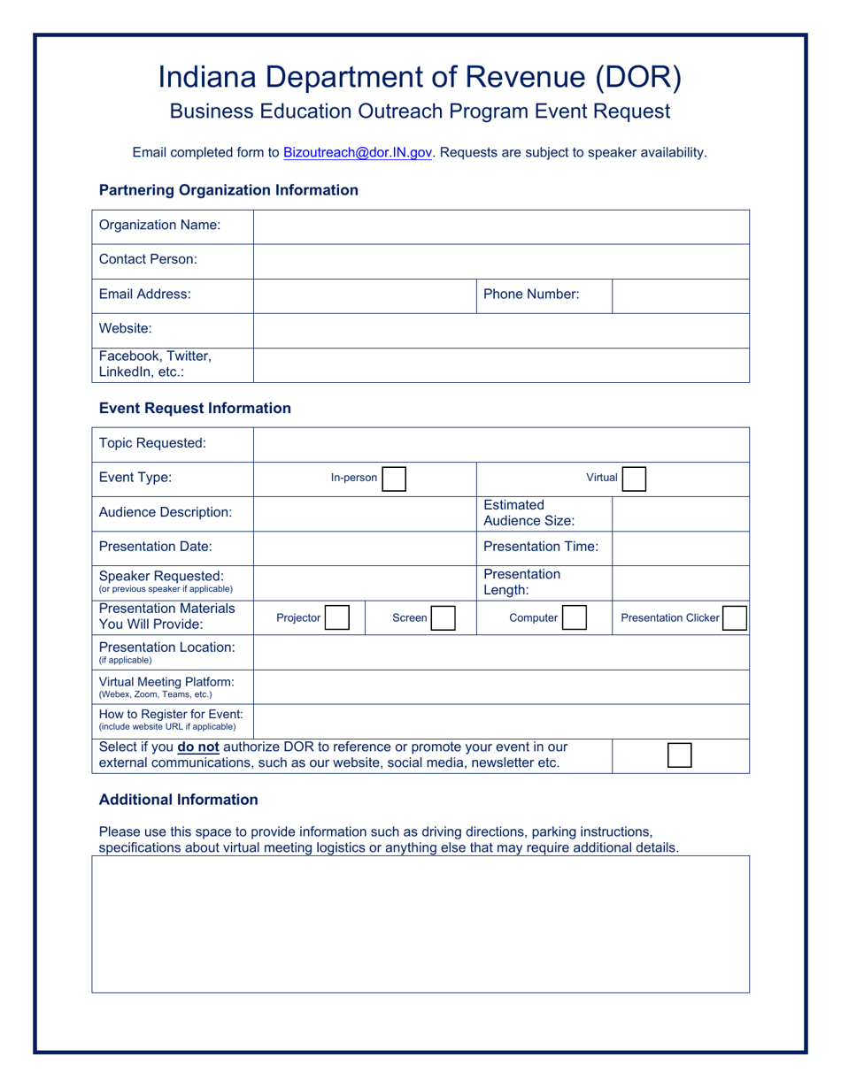 Indiana Business Education Outreach Program Event Request - Fill Out ...