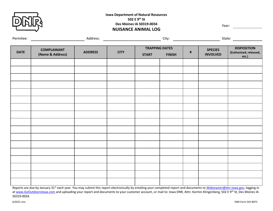 DNR Form 542-8075 Download Fillable PDF or Fill Online Nuisance Animal ...