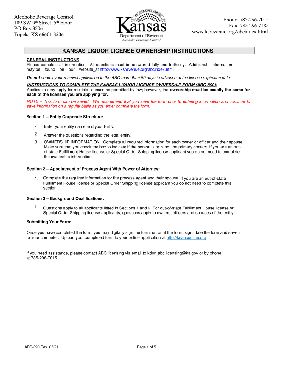 Form ABC-890 - Fill Out, Sign Online and Download Fillable PDF, Kansas ...