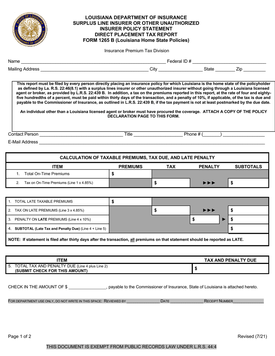 Form 1265 B Download Fillable PDF or Fill Online Surplus Line Insurer ...