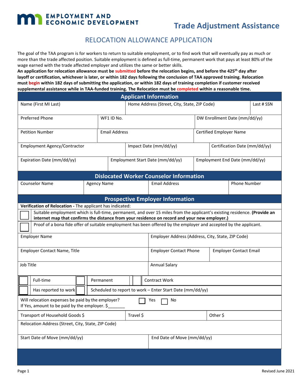 Minnesota Relocation Allowance Application - Trade Adjustment ...