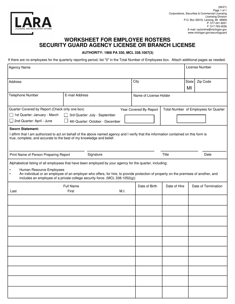 Michigan Worksheet for Employee Rosters Security Guard Agency License ...