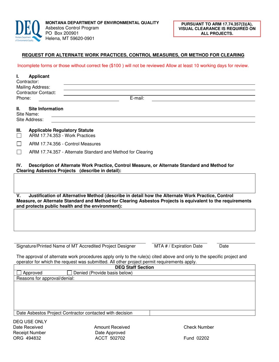 Montana Request for Alternate Work Practices, Control Measures, or ...