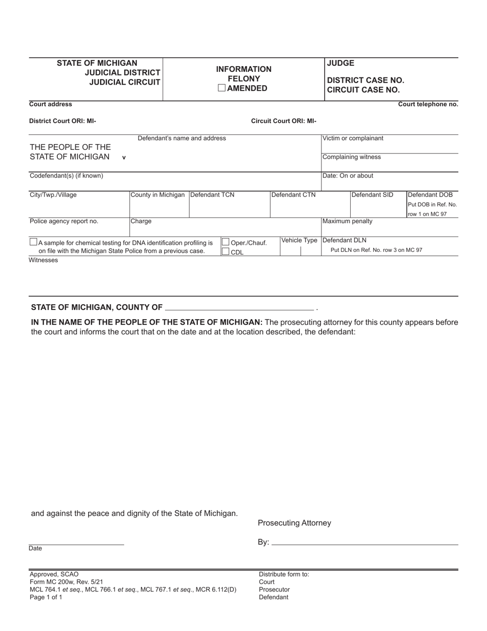 Form MC200W - Fill Out, Sign Online and Download Fillable PDF, Michigan ...