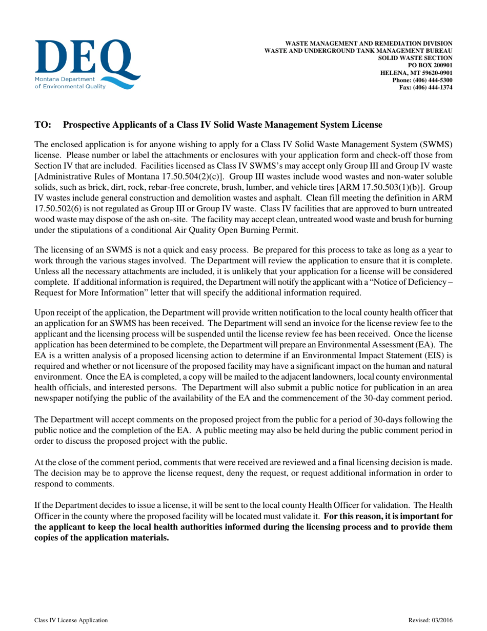 Montana Class IV Solid Waste Management System License Application ...