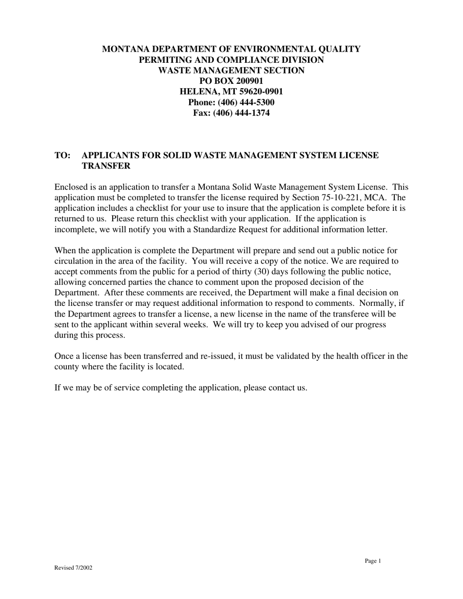 Montana Applicants for Solid Waste Management System License Transfer ...