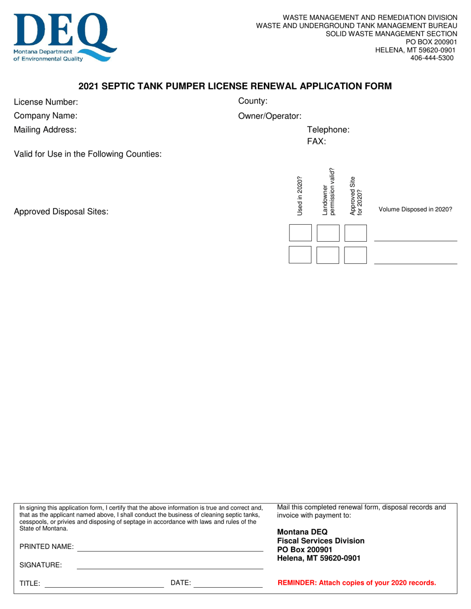 2021 Montana Septic Tank Pumper License Renewal Application Form - Fill ...