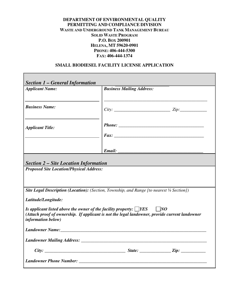 Montana Small Biodiesel Facility License Application - Fill Out, Sign ...