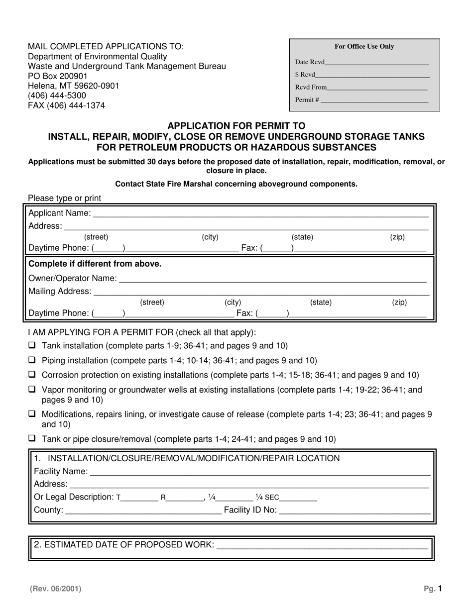 Montana Application for Permit to Install, Repair, Modify, Close or ...