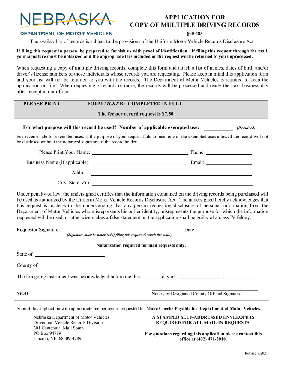 Nebraska Application for Copy of Multiple Driving Records Download ...