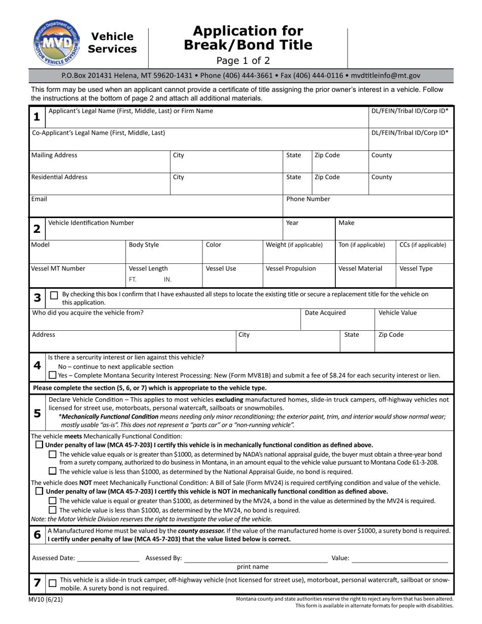 Form MV10 Download Fillable PDF or Fill Online Application for Break ...