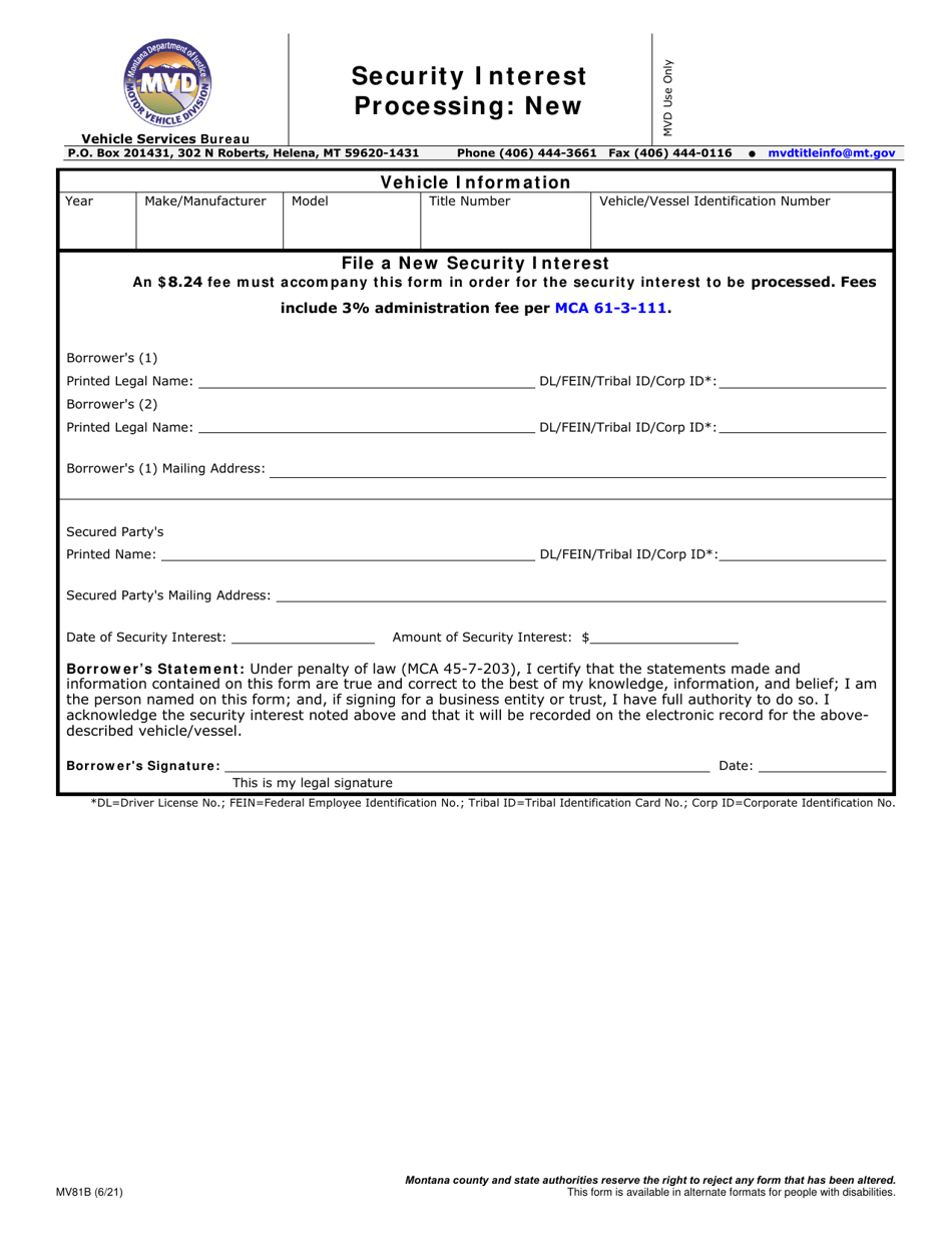 Form MV81B Download Fillable PDF or Fill Online Security Interest ...
