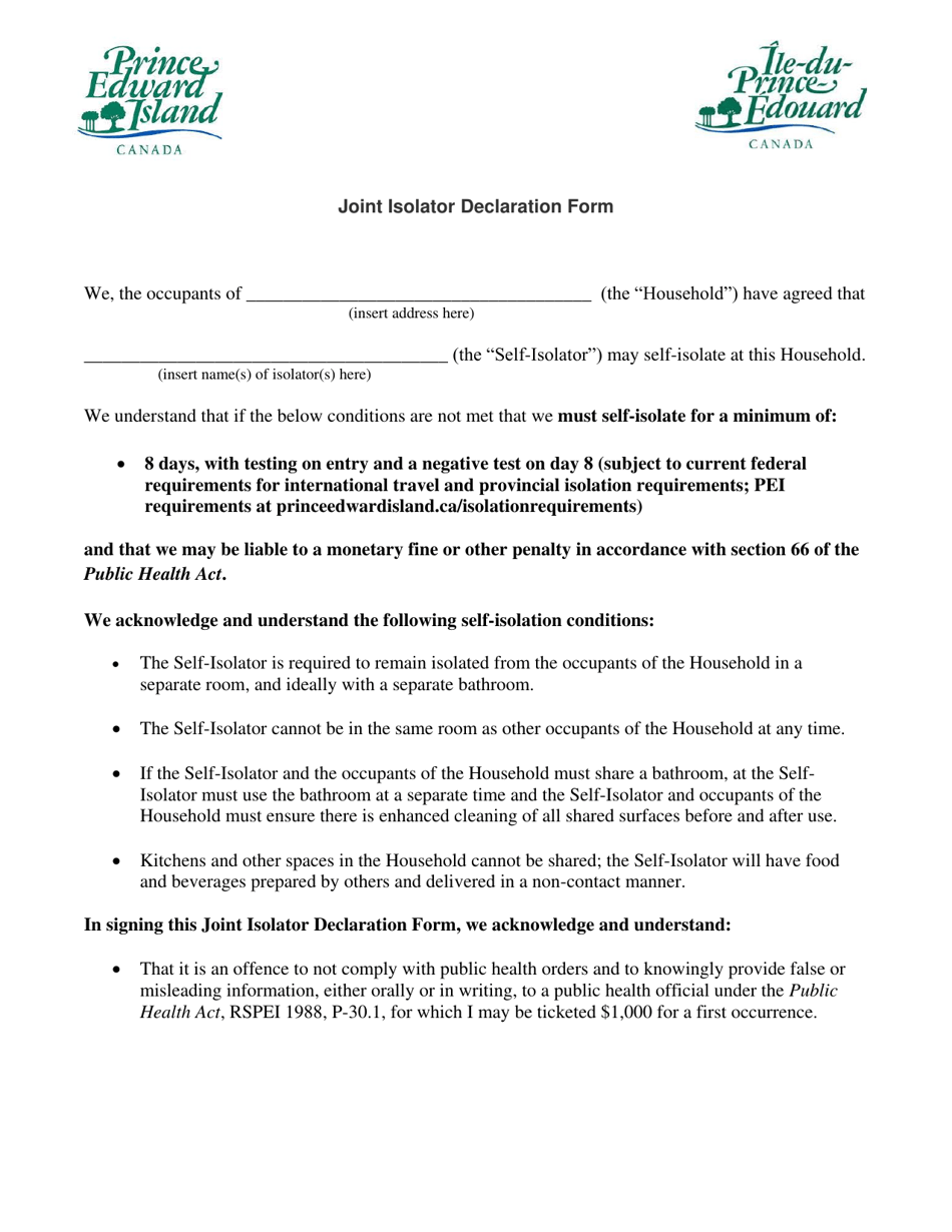 Prince Edward Island Canada Joint Isolator Declaration Form - Fill Out ...