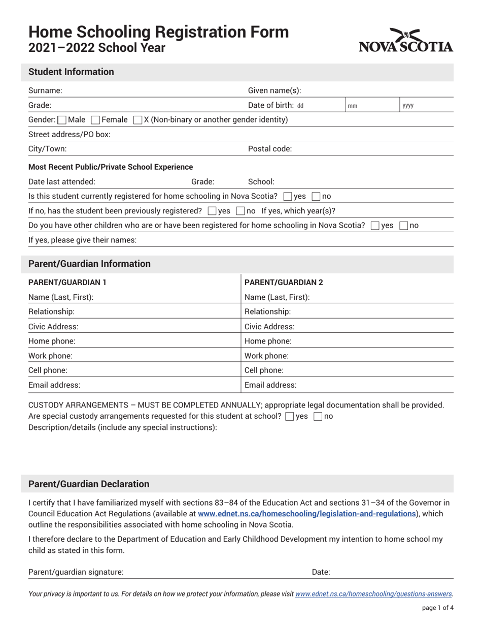 2022 Nova Scotia Canada Home Schooling Registration Form - Fill Out ...