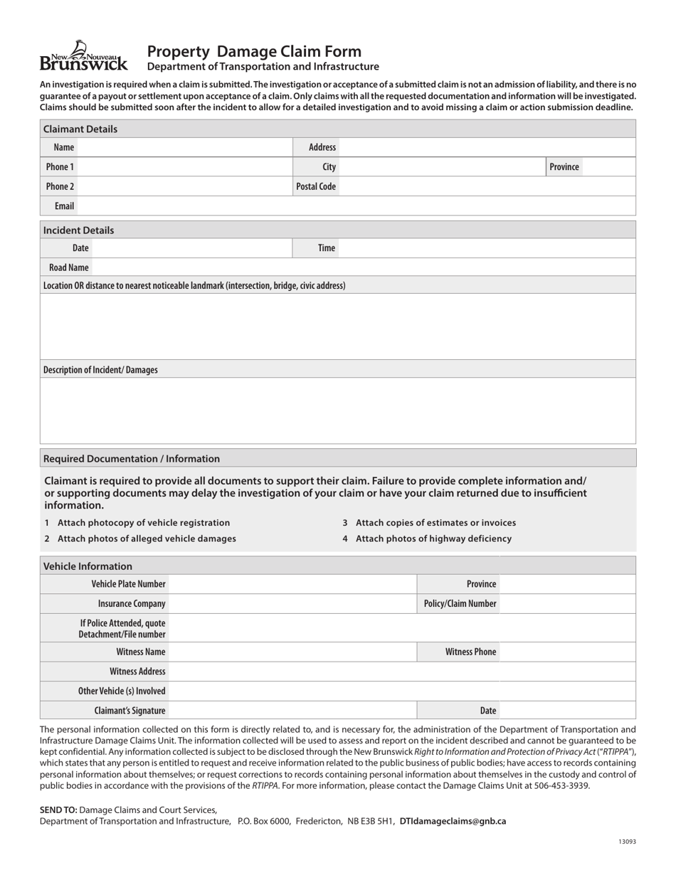 New Brunswick Canada Property Damage Claim Form - Fill Out, Sign Online ...