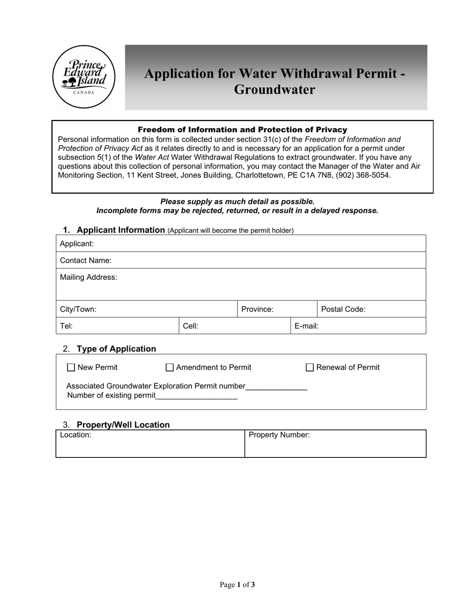 Prince Edward Island Canada Application for Water Withdrawal Permit ...
