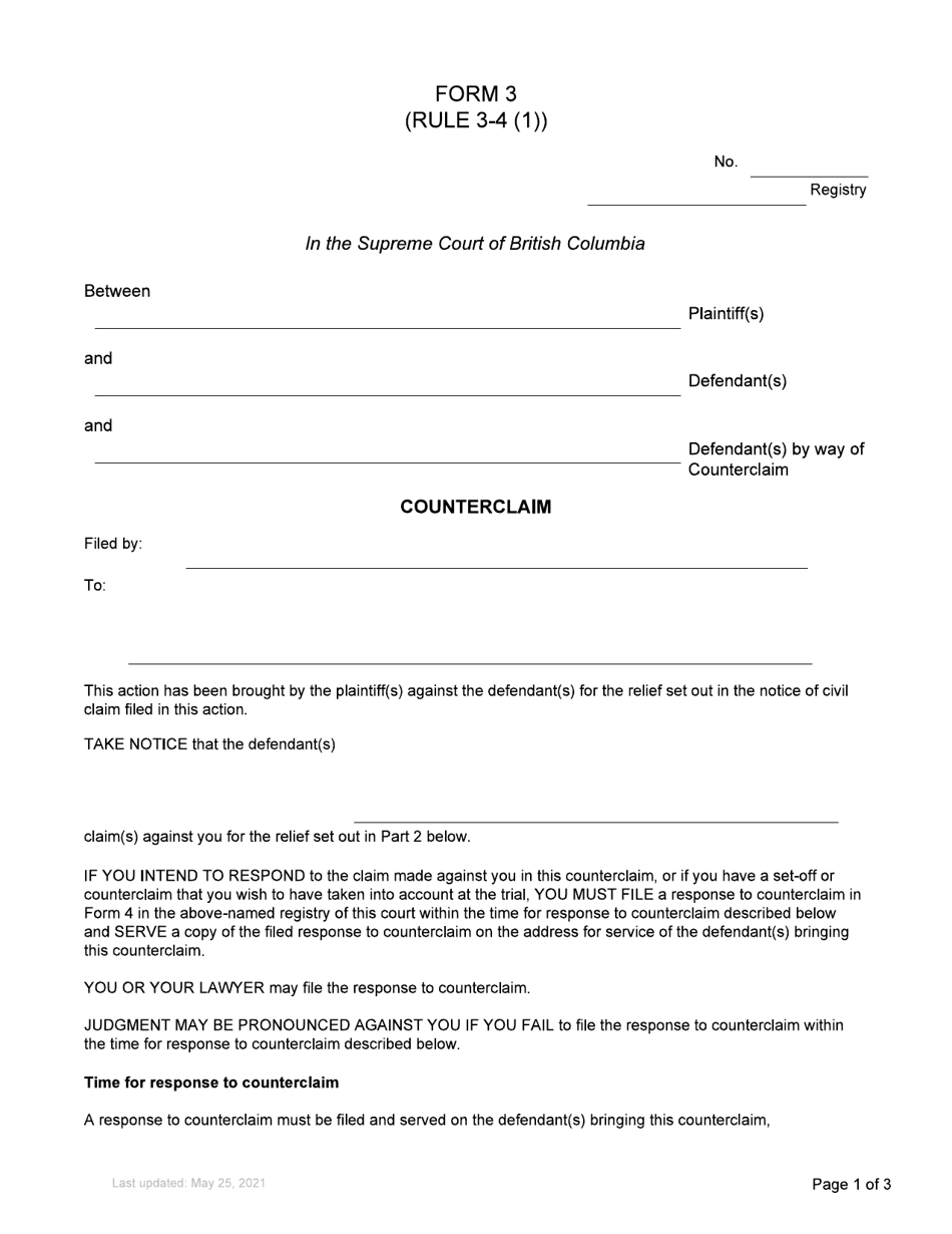 Form 3 Download Fillable PDF or Fill Online Counterclaim, British ...