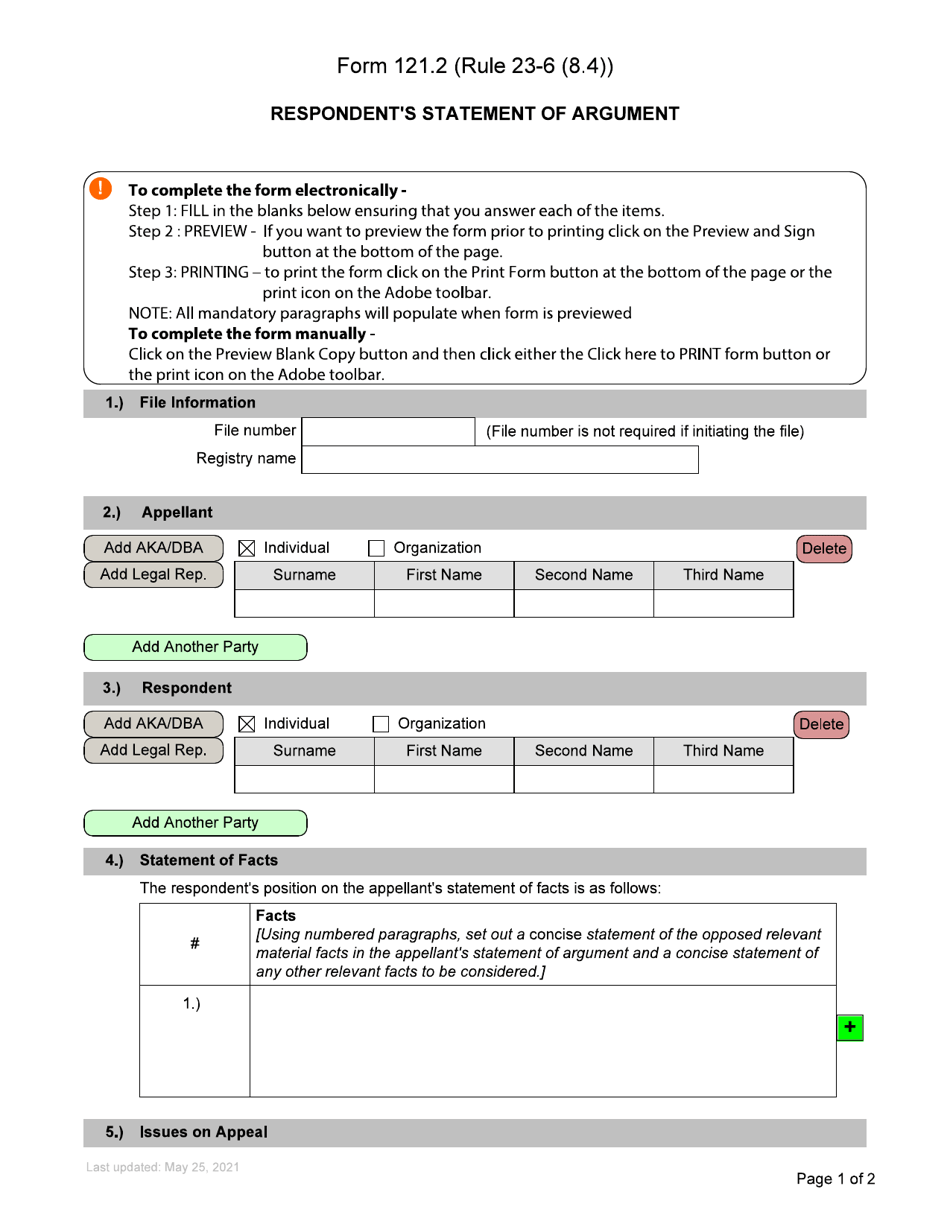 Form 121.2 Download Fillable PDF or Fill Online Respondent's Statement ...