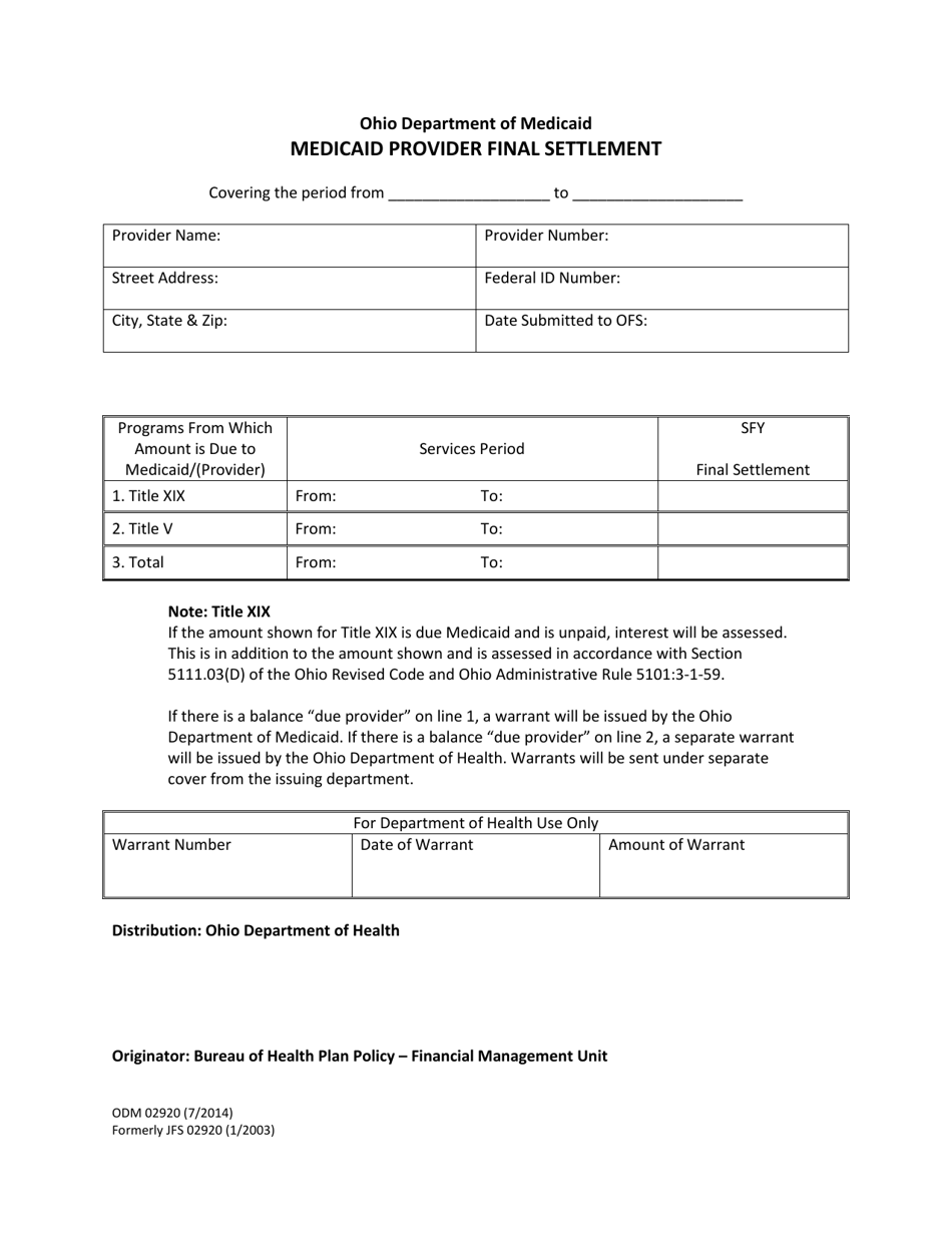 Form ODM02920 - Fill Out, Sign Online and Download Fillable PDF, Ohio ...