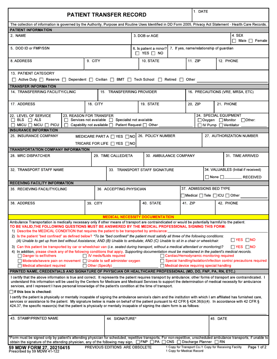 59 MDW Form 27 Download Fillable PDF or Fill Online Patient Transfer ...