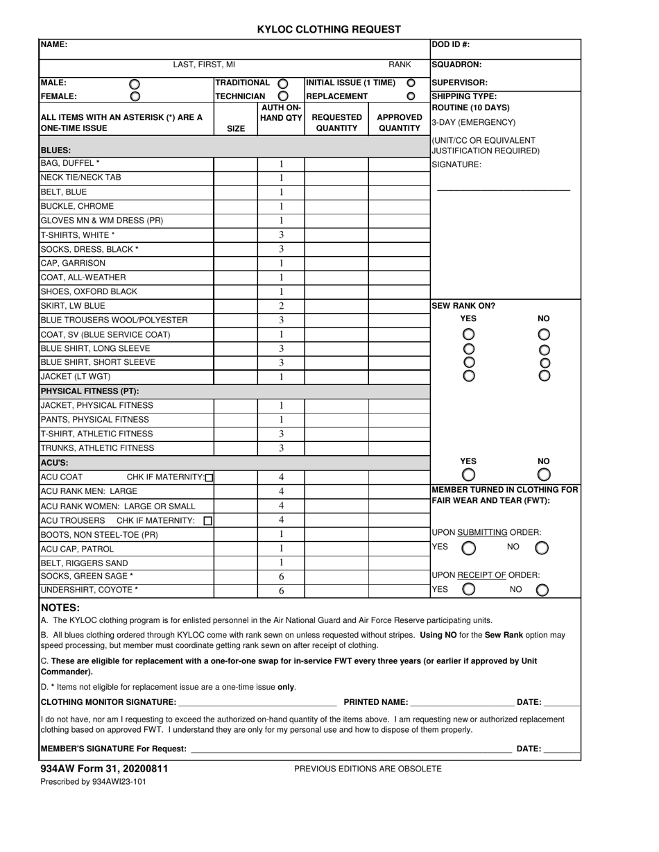 934 AW Form 31 - Fill Out, Sign Online and Download Fillable PDF ...