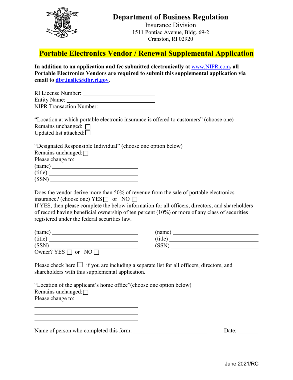 Rhode Island Portable Electronics Vendor/Renewal Supplemental ...