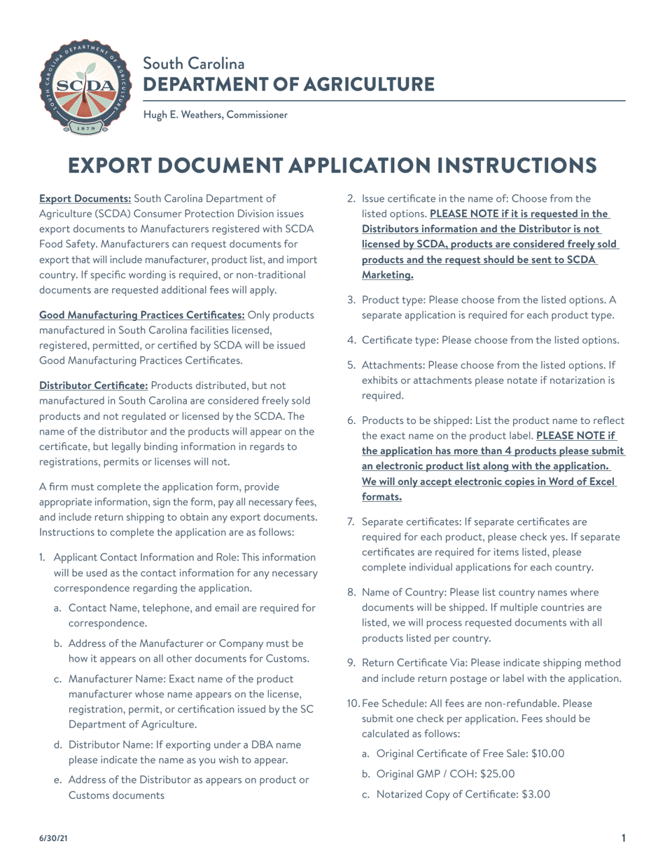 South Carolina Export Document Application Download Fillable PDF 2021 ...