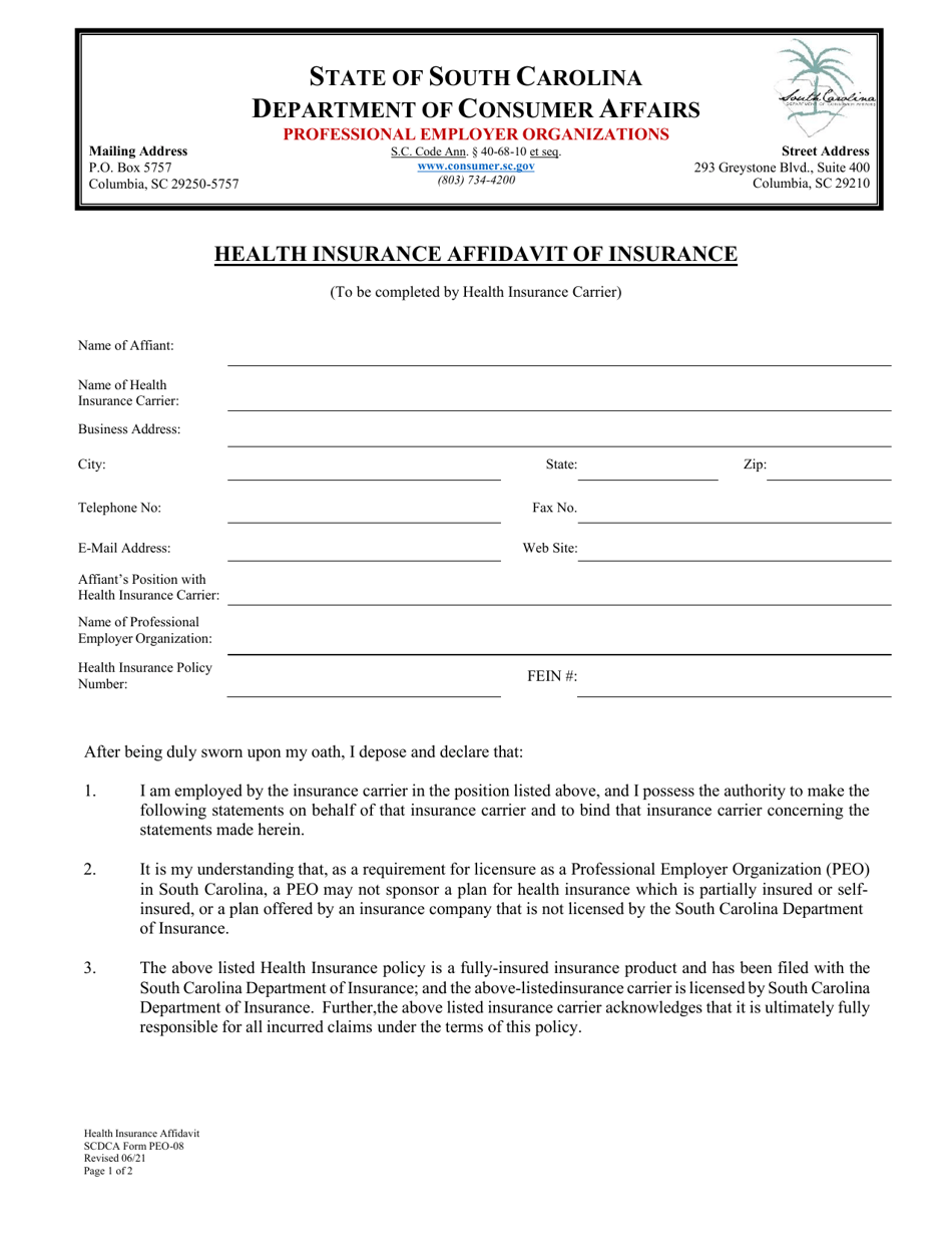 SCDCA Form PEO-08 Download Fillable PDF or Fill Online Health Insurance ...