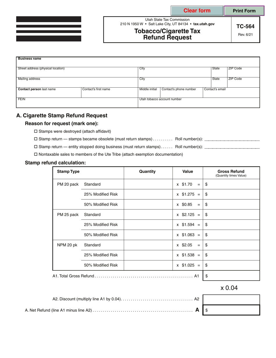 Form TC-564 Download Fillable PDF or Fill Online Tobacco/Cigarette Tax ...