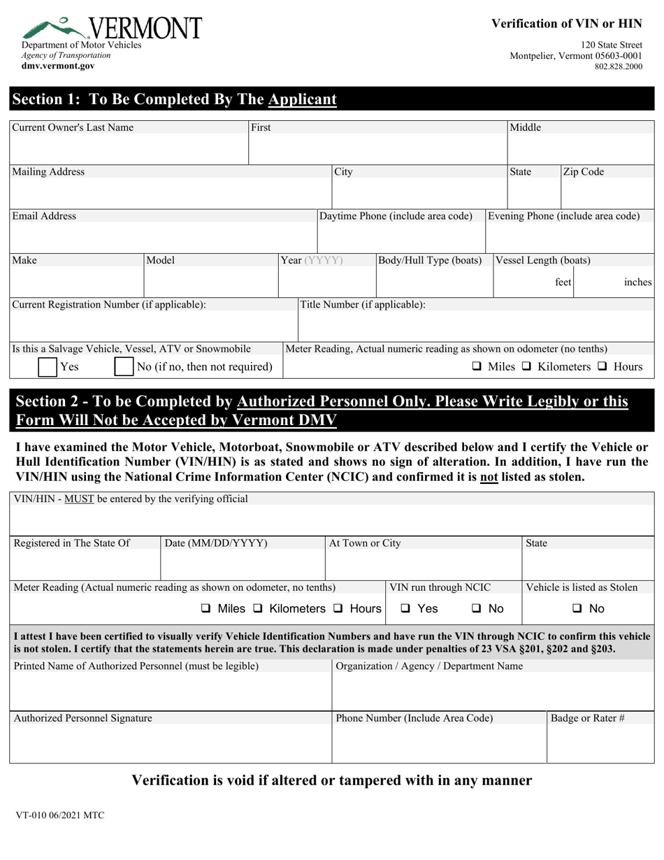Form VT-010 Download Fillable PDF or Fill Online Verification of Vin or ...