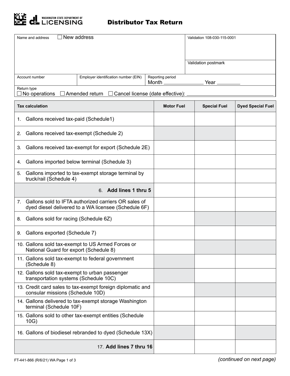Form FT-441-866 Download Fillable PDF or Fill Online Distributor Tax ...