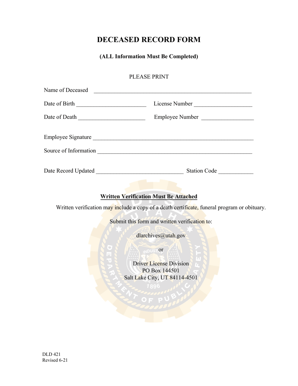 Form DLD421 - Fill Out, Sign Online and Download Fillable PDF, Utah ...