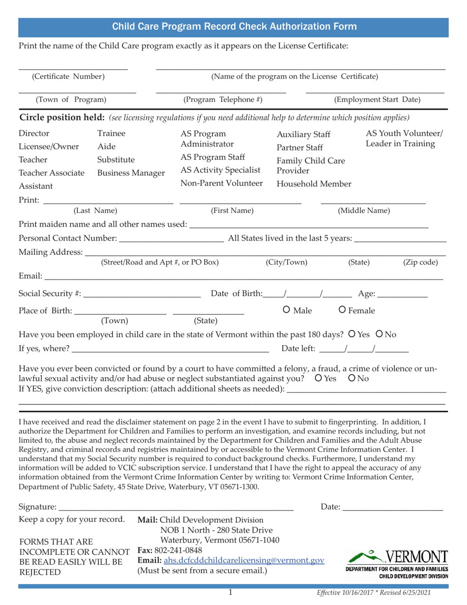 Vermont Child Care Program Record Check Authorization Form - Fill Out ...