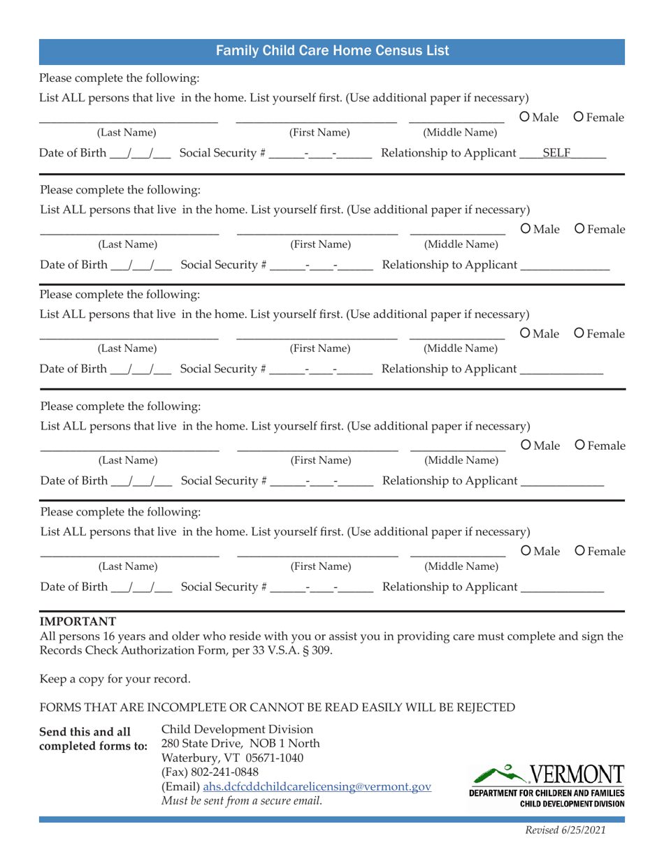 Vermont Family Child Care Home Census List - Fill Out, Sign Online and ...