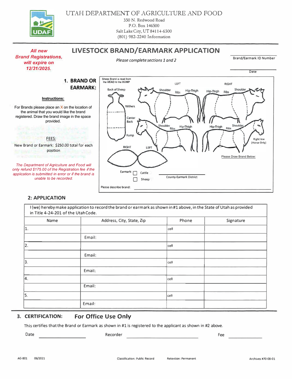 Form AG-801 Download Printable PDF or Fill Online Livestock Brand ...